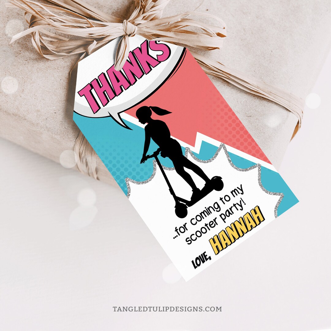 Editable Scooter Party Tags for Girls, Birthday Thank You Tags Template ...