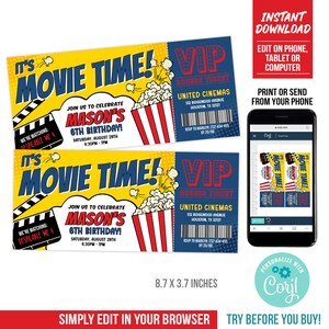 Movie Party VIP Ticket Invitation, Boys EDITABLE Movie Birthday Invite ...