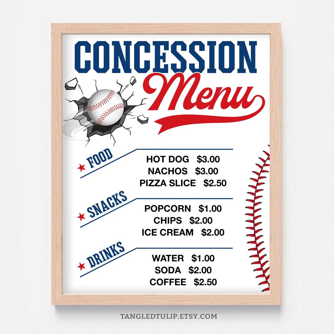 Baseball Concession Menu Poster | Baseball Refreshment Stand Price List ...
