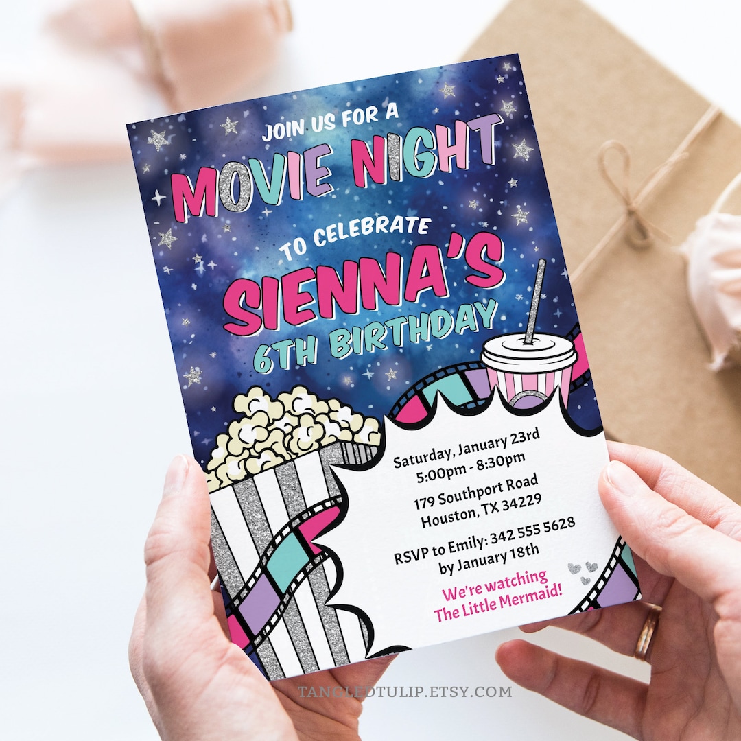 Movie Night Birthday Invitation Card for a Girl EDITABLE Movies Party ...