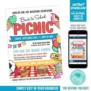Back to School Picnic Flyer Invitation, Editable Elementary School ...