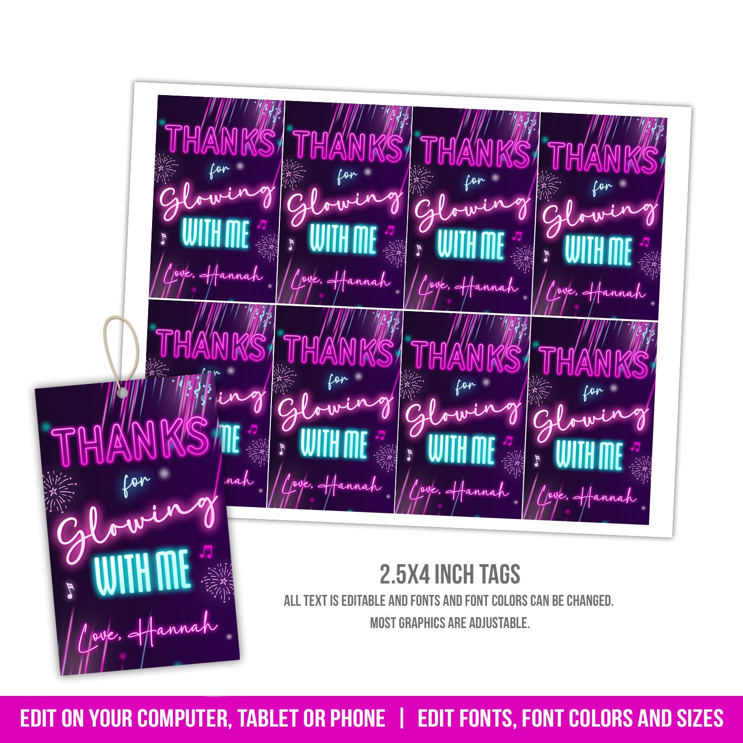 Glow Birthday Thank You Favor Tags | Neon Glow Party Favor Tag Template ...