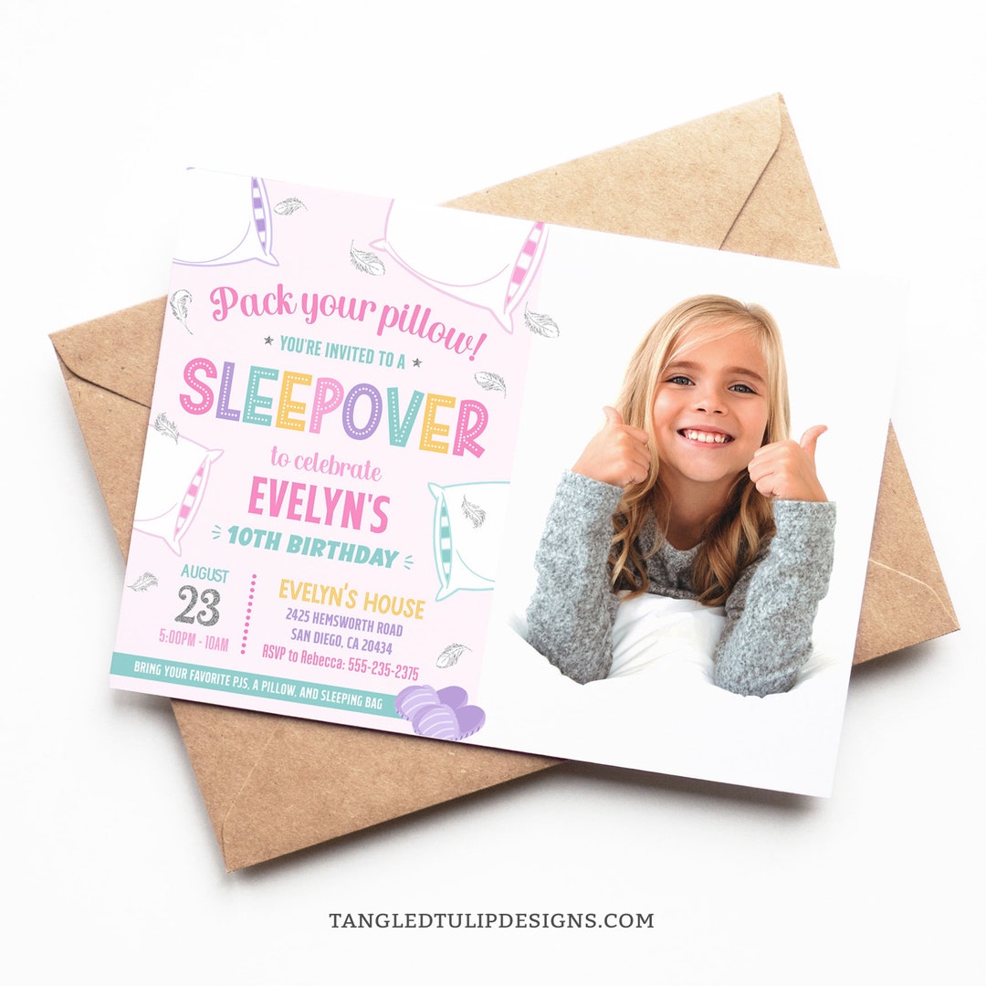 Editable Sleepover Party Invitation for Girls Photo. Pillow Fight ...