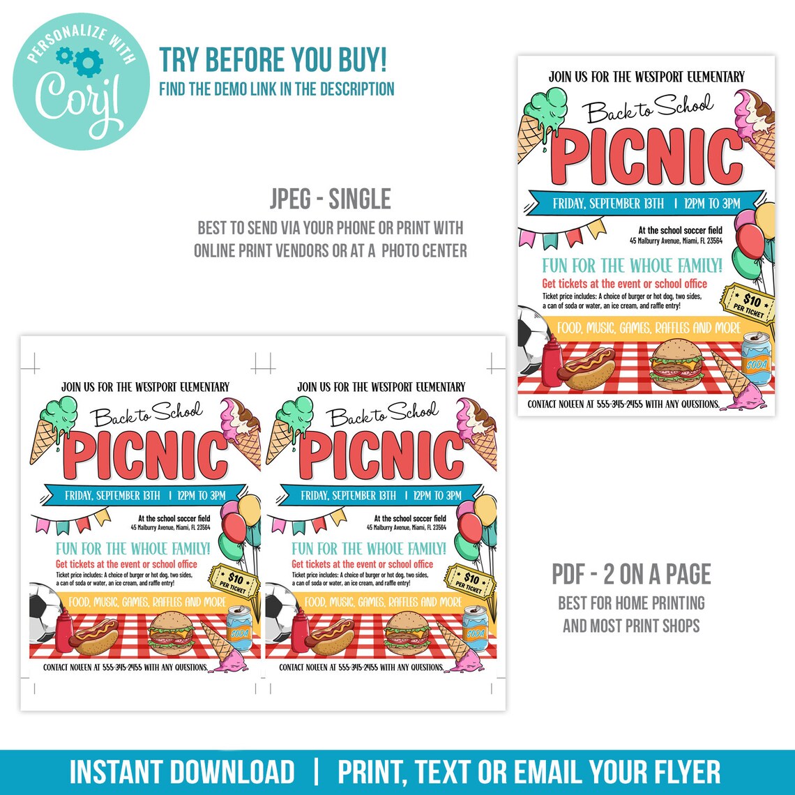 Back to School Picnic Flyer Invitation, Editable Elementary School ...