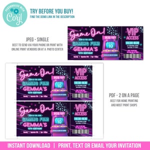 Arcade Birthday Invitation Ticket, Game One Arcade Games EDITABLE Party ...
