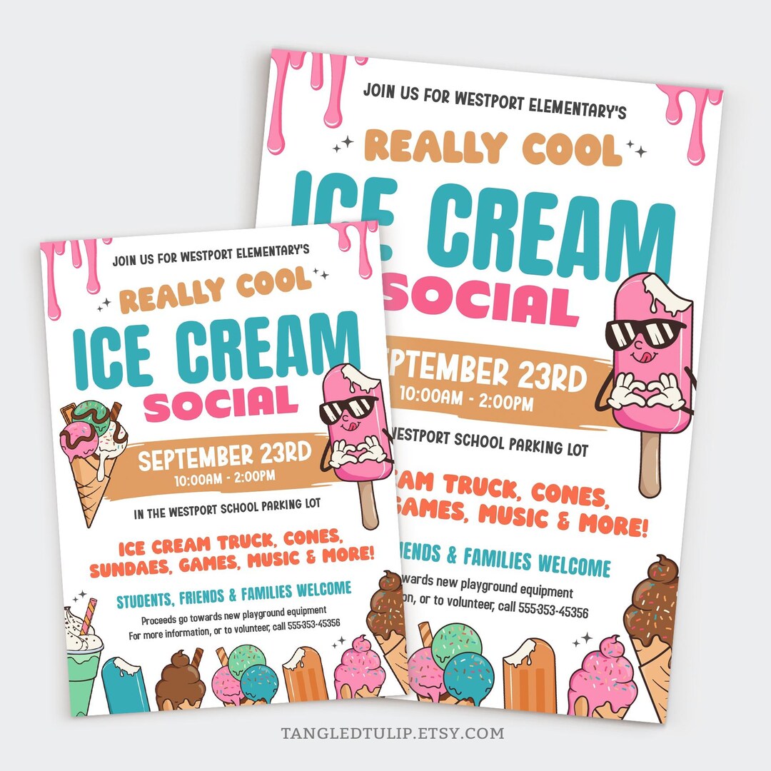 Editable Ice Cream Social Invitation Flyer, School Ice Cream Fundraiser ...