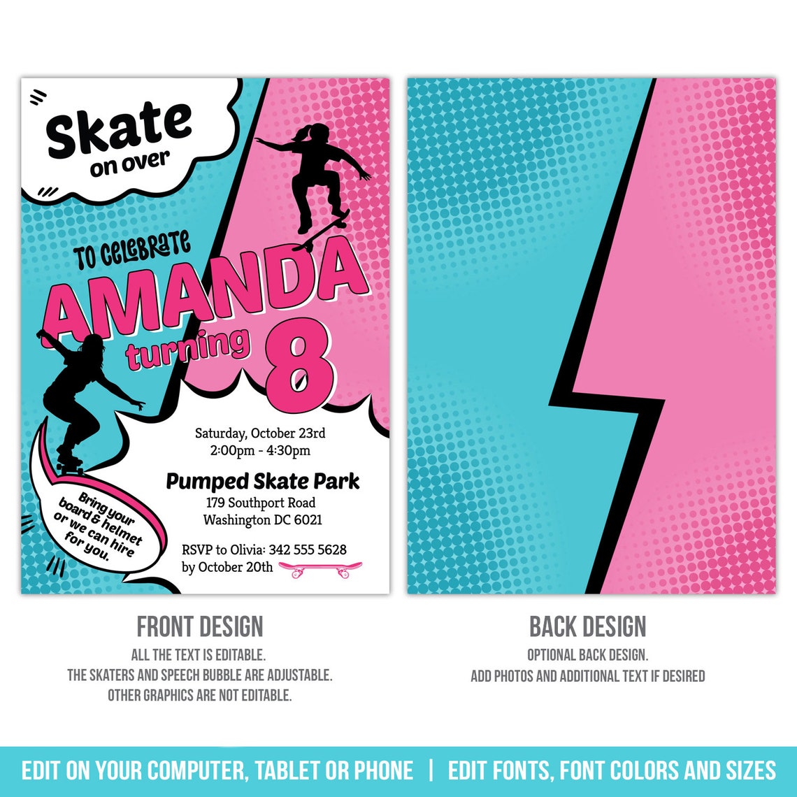 Skateboarding Birthday Invitation | Girl Skateboard Skater Birthday ...