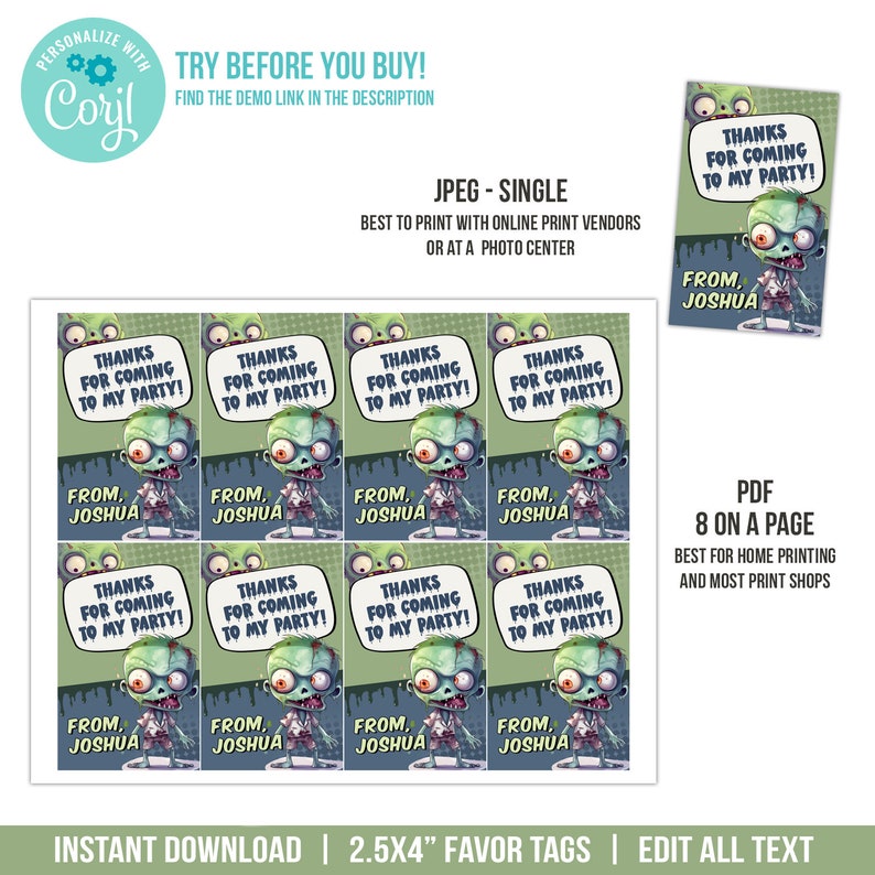 Zombie Birthday Thank You Favor Tags | Zombie Apocalypse Party Favor ...