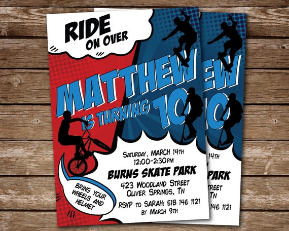 Ride On Over BMX Skater Scooter Birthday Party Invitation, Bike ...