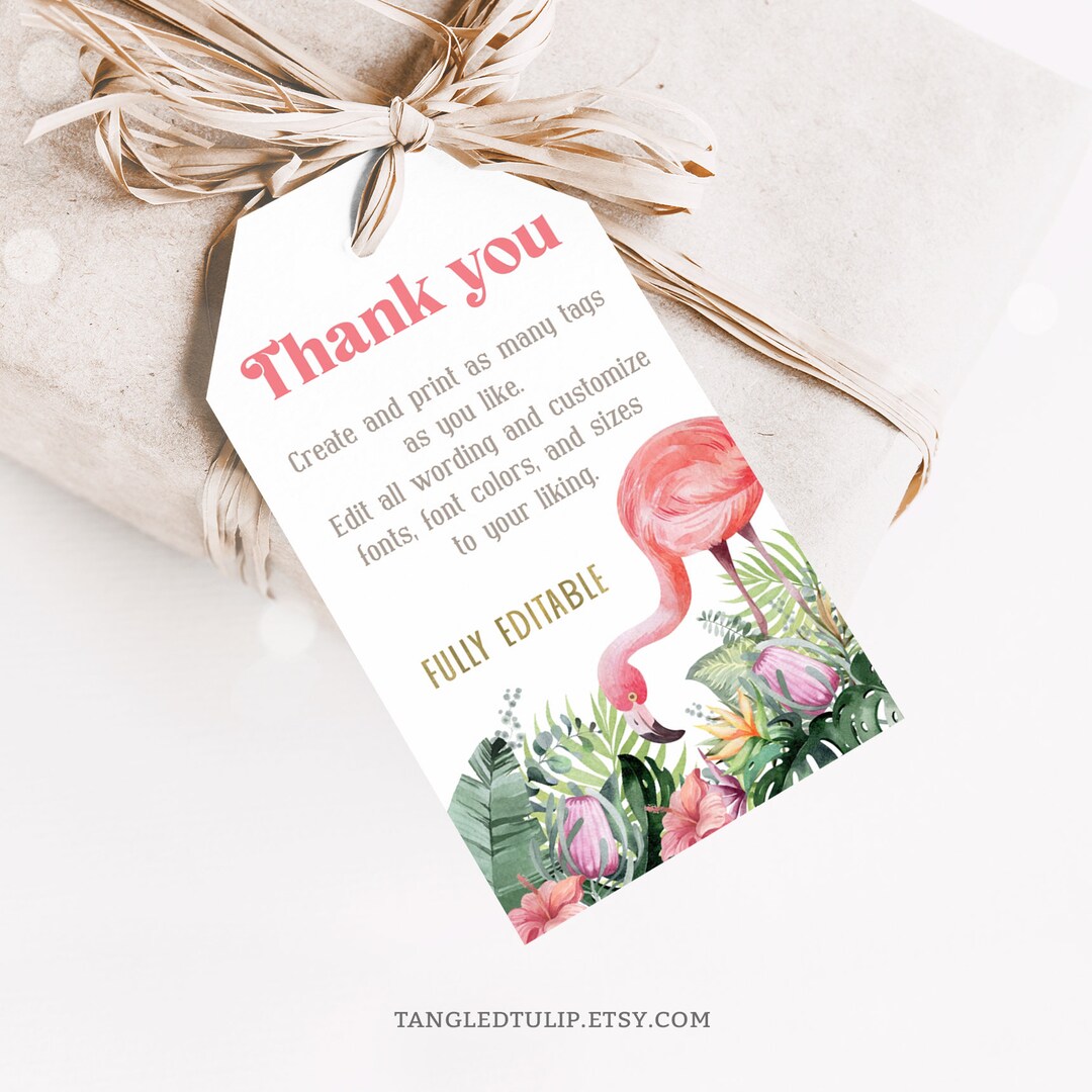 Editable Flamingo Thank You Tags, Tropical Flamingos Favor Tag Template ...