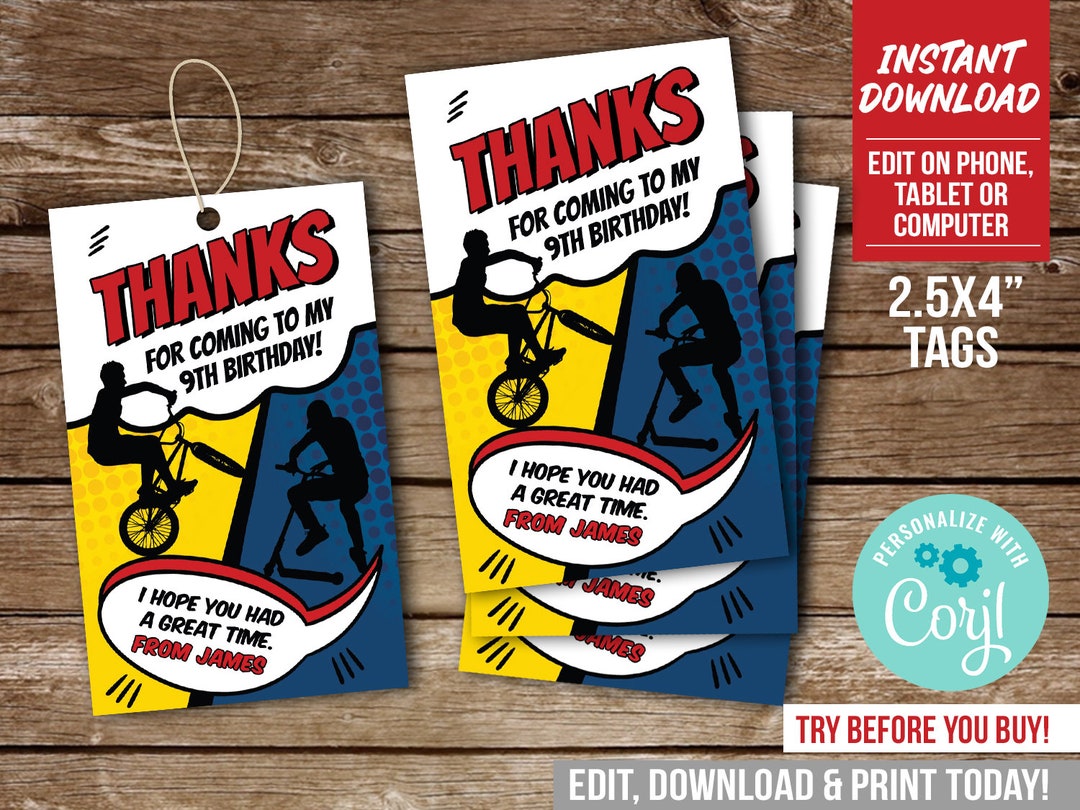 Editable Riding Birthday Thank You Tags BMX Biker Scooter - Etsy