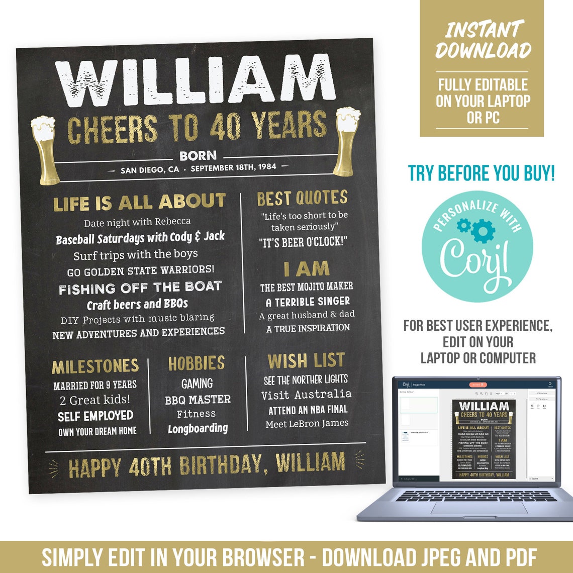 40th Birthday Milestone Poster | Gold Cheers to 40 Years Party Sign ...