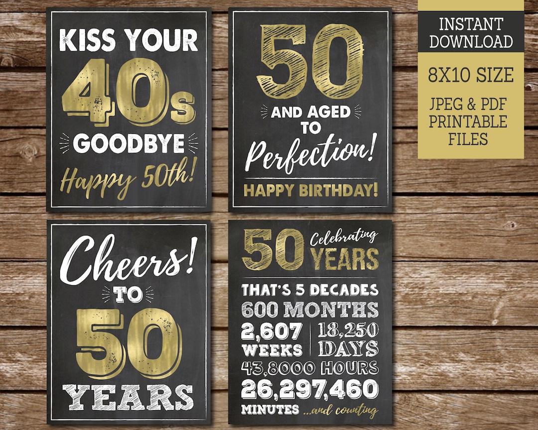 50th Birthday Signs Man Party Gold Chalkboard Kiss Your 40s Goodbye ...