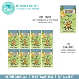 Camping Party Tags, Editable Campout Birthday Thank You Tag Template ...
