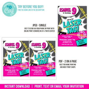 Editable Laser Tag Birthday Invitation Girl Lasertag Neon Party Invite ...