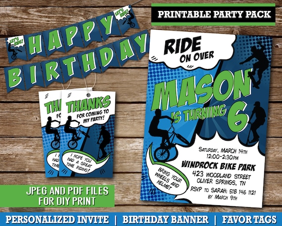 Bike Skate Scooter Party Invitation, Birthday Banner and Favor Tags ...