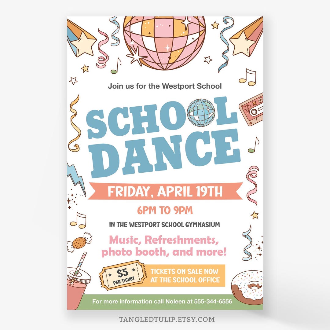 Editable School Dance Poster, School Dance Announcement Poster, PTO PTA ...