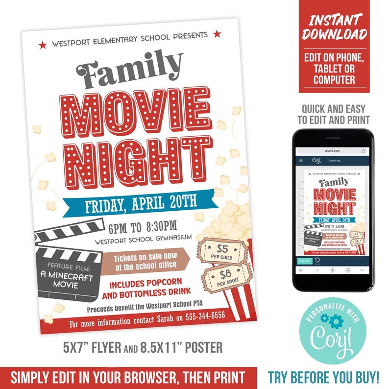 Family Movie Night Flyer | School & Community Fundraiser Event Poster ...