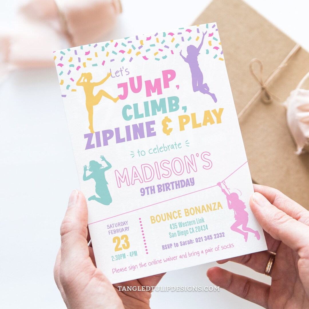 Jump Climb Zipline & Play Birthday Invitation, EDITABLE Girls Party ...