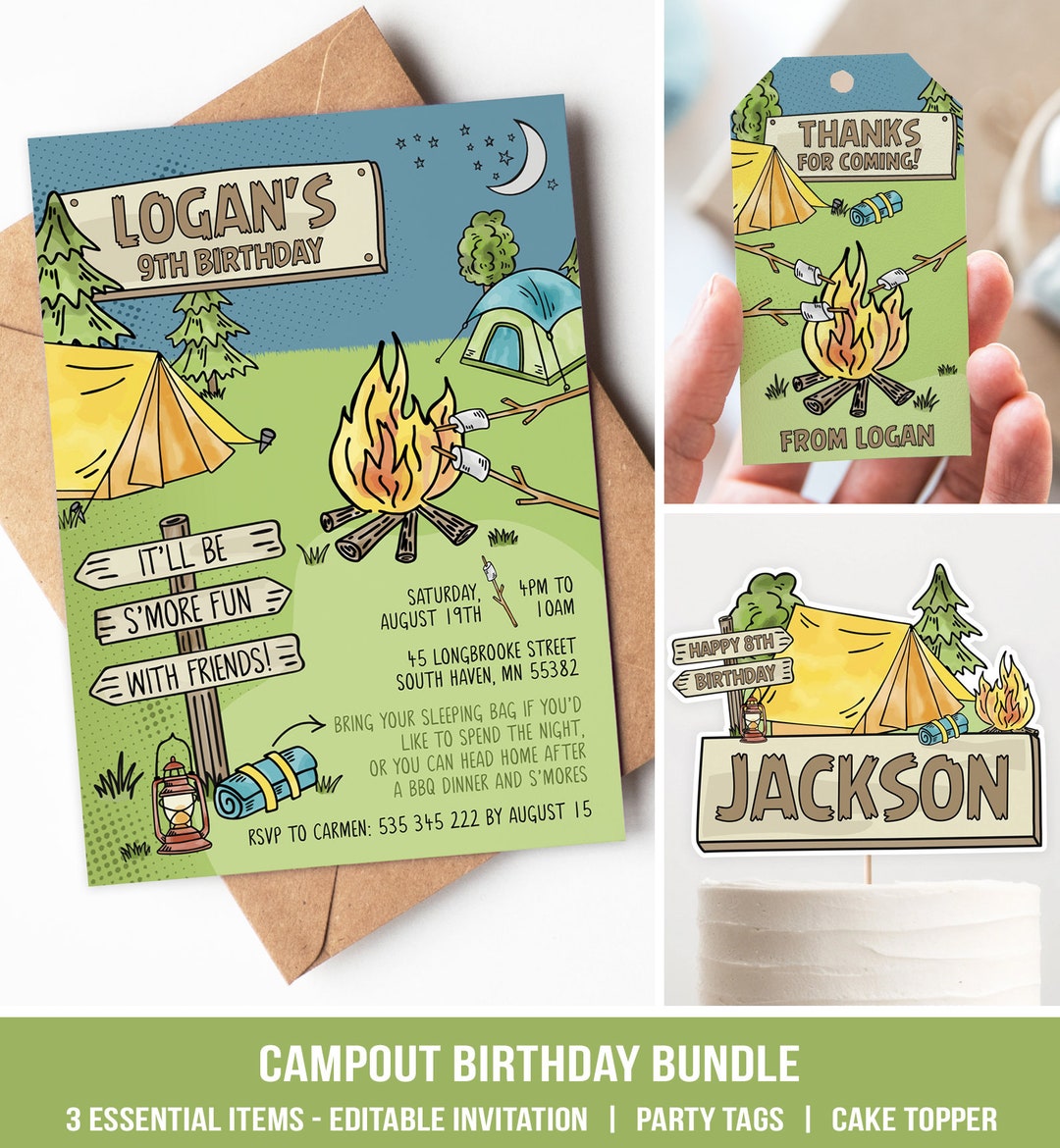 Campout Birthday Party Bundle: Editable Invitation, Tags, Cake Topper ...