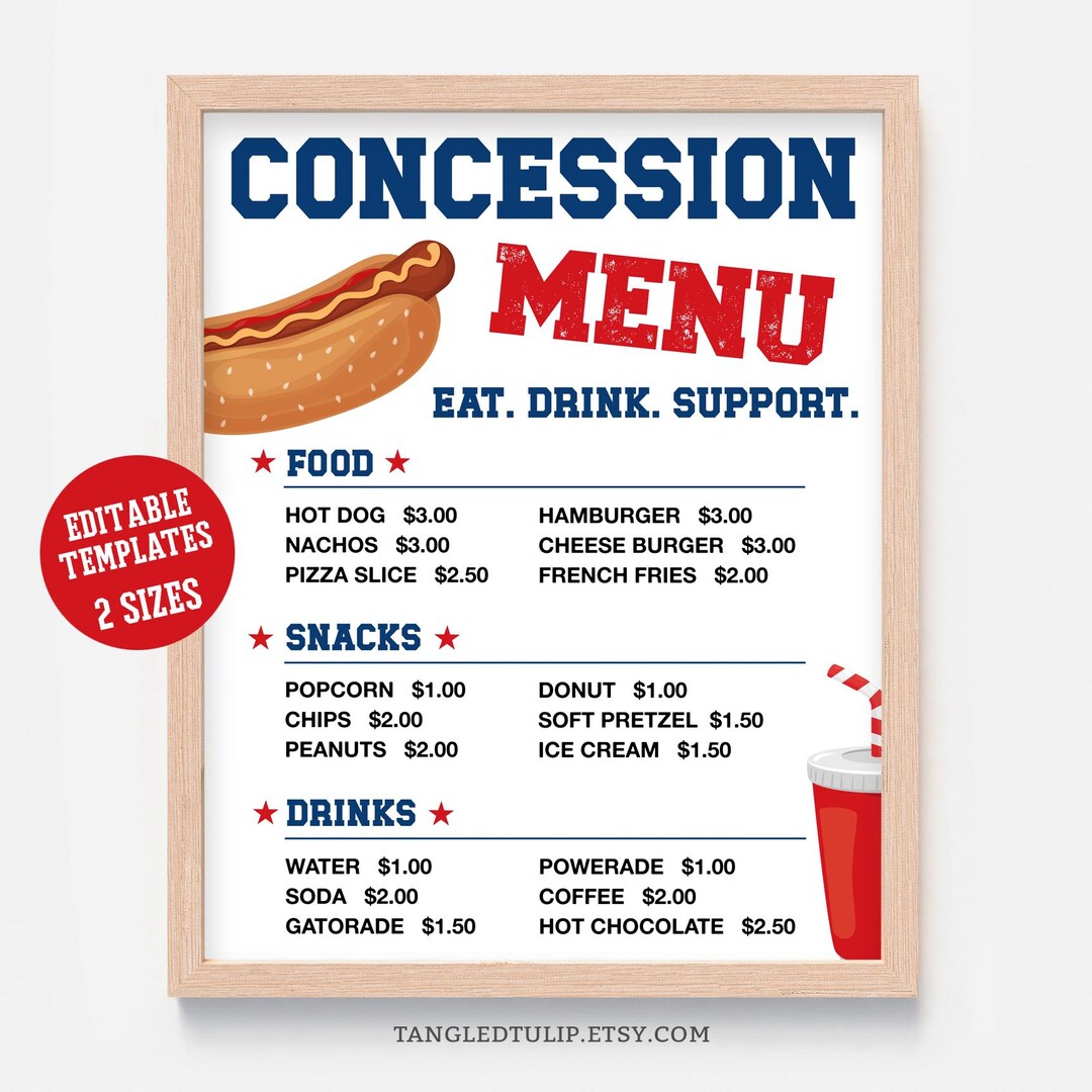Concession Menu Poster | Sports or Event Refreshment Stand Price List ...