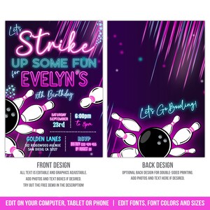 Editable Bowling Party Invitation Girl Neon Glow, Tenpin Birthday ...