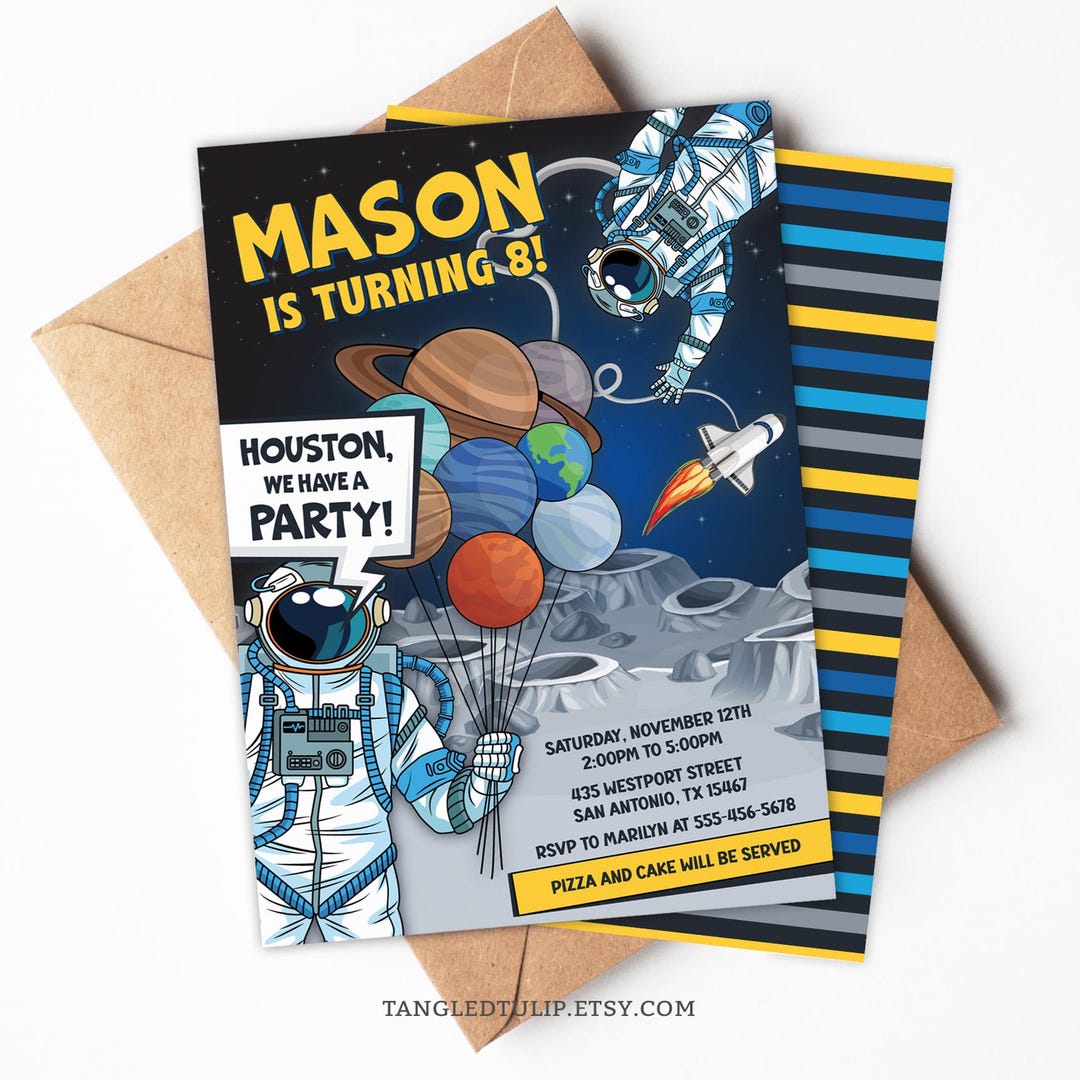 Editable Space Birthday Invitation, Astronaut on the Moon Invite, Space Mission Birthday ...