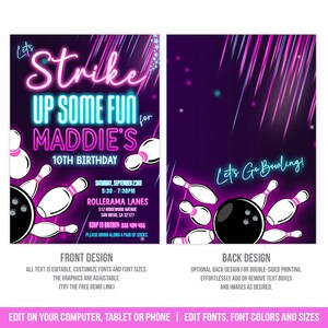 Bowling Party Invite for Girls, Neon Glow Tenpin Bowling Birthday ...