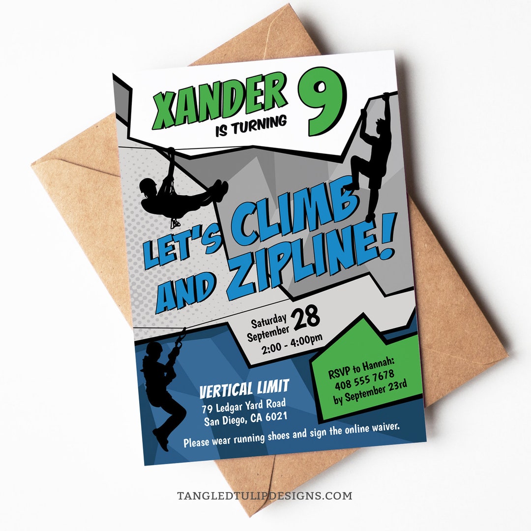 Climbing Birthday Invitation | Boy Comic Style Climb Zipline Obstacles ...