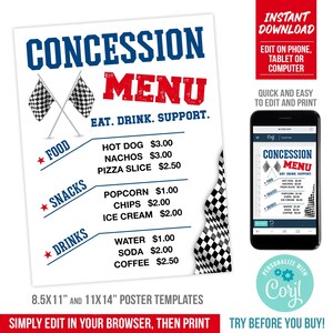 Editable Racing Concession Stand Menu, Racing Concession Stand Sign ...