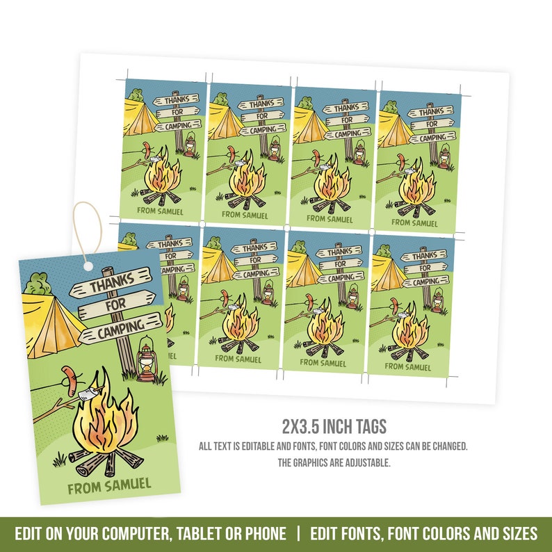 Camping Party Tags, Editable Campout Birthday Thank You Favor Tag ...