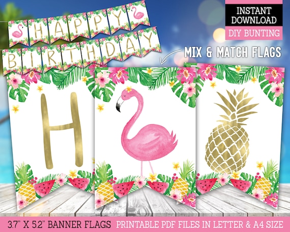 Tropical Happy Birthday Banner, DIY Bunting for Tropical, Flamingo ...