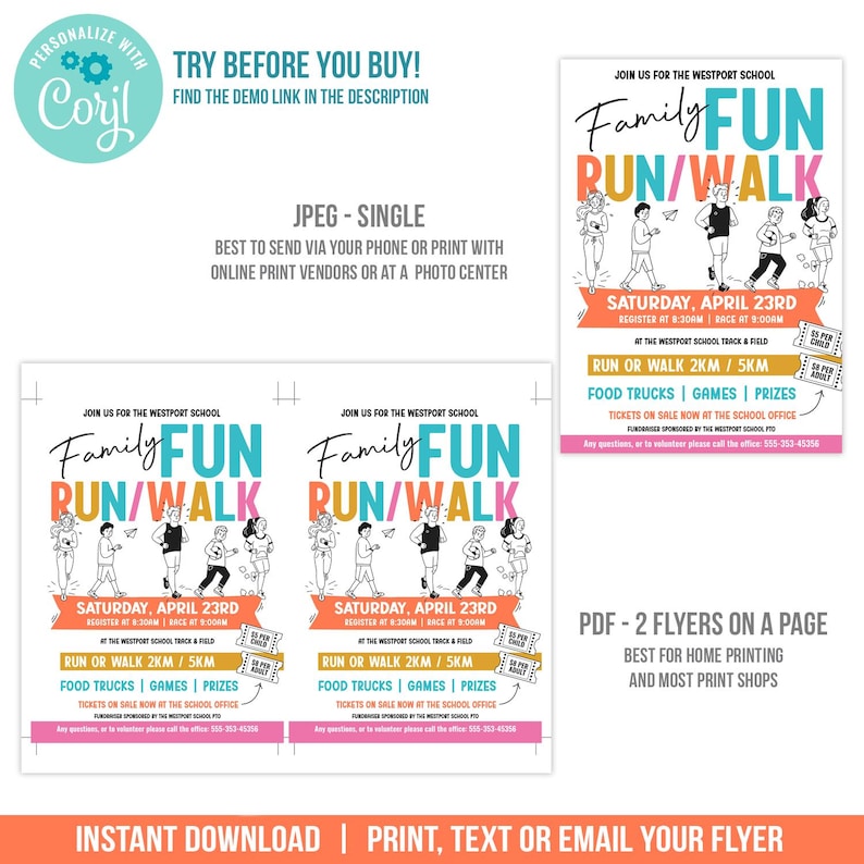 Family Fun Run Flyer | School Fun Run Walk Fundraiser Event Poster ...