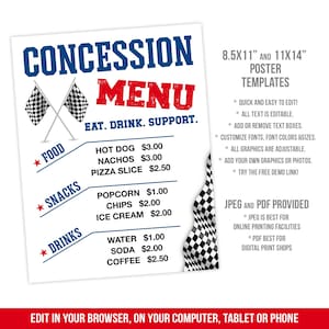 Race Day Concession Menu Poster | Checkered Flag Refreshment Stand ...