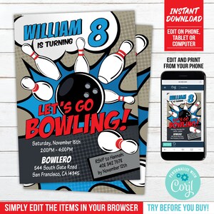Bowling Birthday Invitation Bundle Boy Tenpin Bowl Party Pack Invite ...