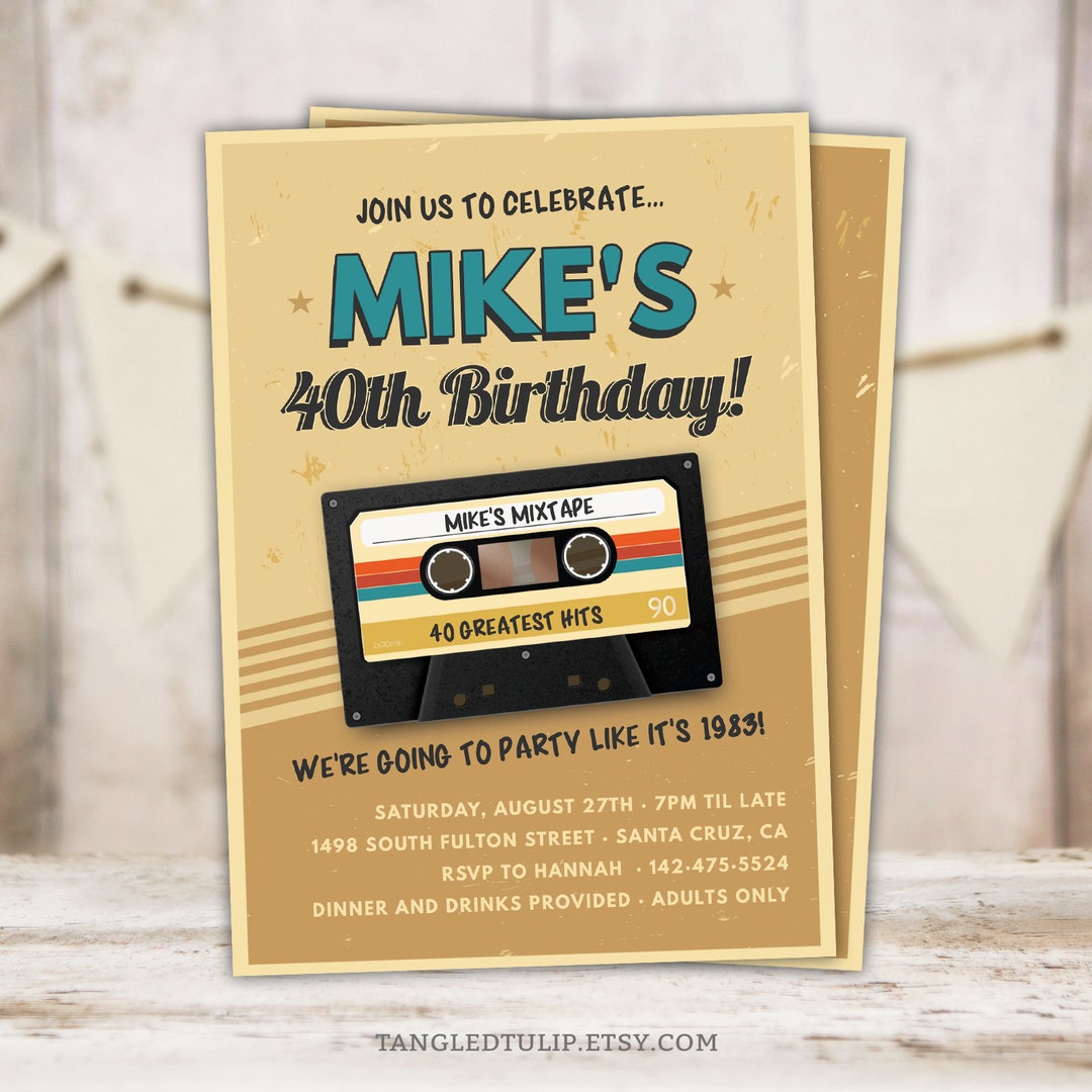 Editable Mixtape Birthday Invitation Adult Vintage Cassette Tape Party ...