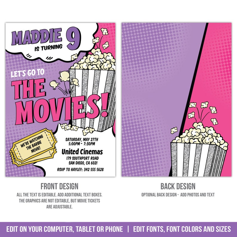 Movie Birthday Invitation | Girl Movies Popcorn Birthday Party Invite ...