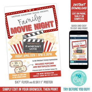 Editable Movie Night Flyer, Family Movie Night Fundraiser Flyer and ...