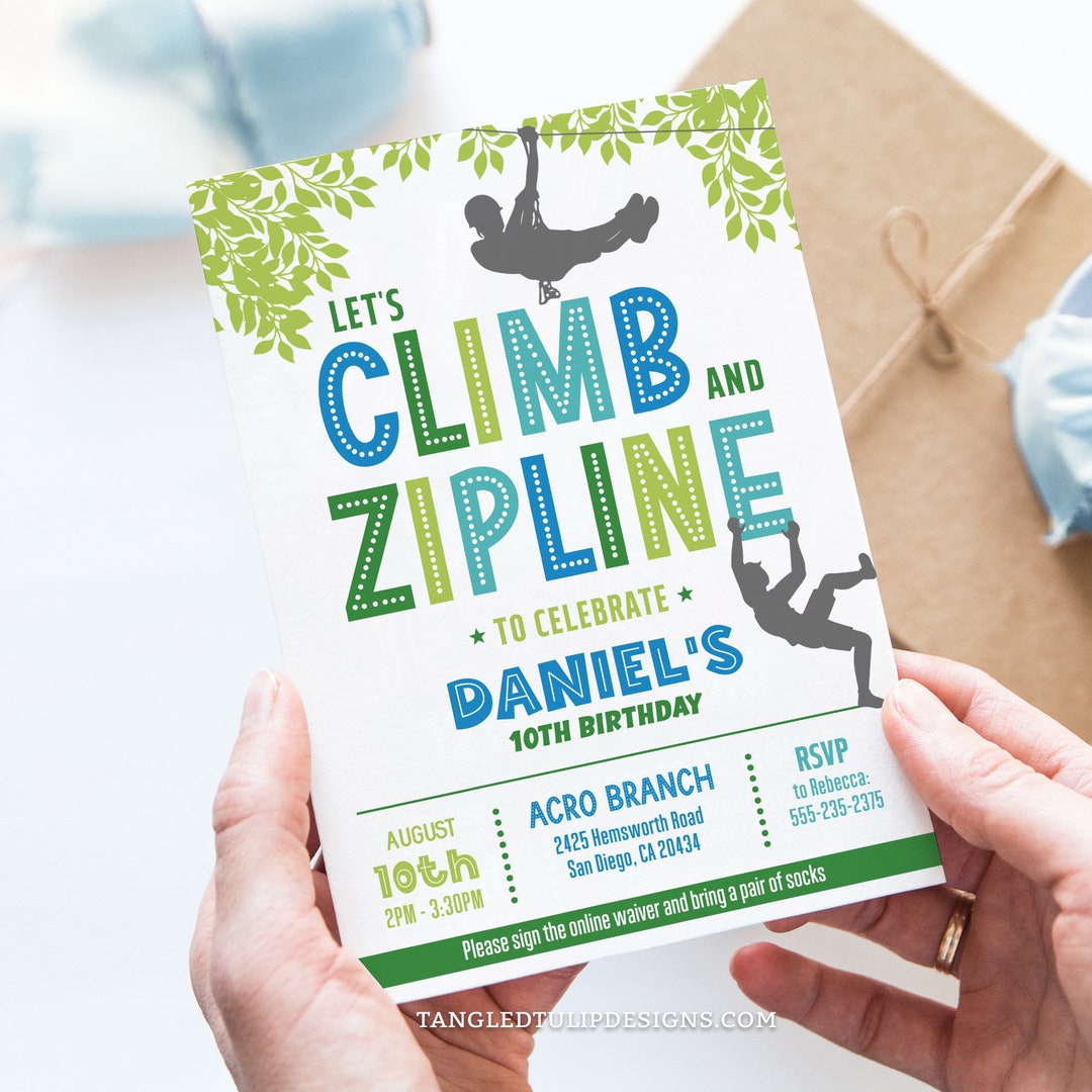 Climb and Zipline Party Invite for Boys, Editable Climbing Ziplining ...