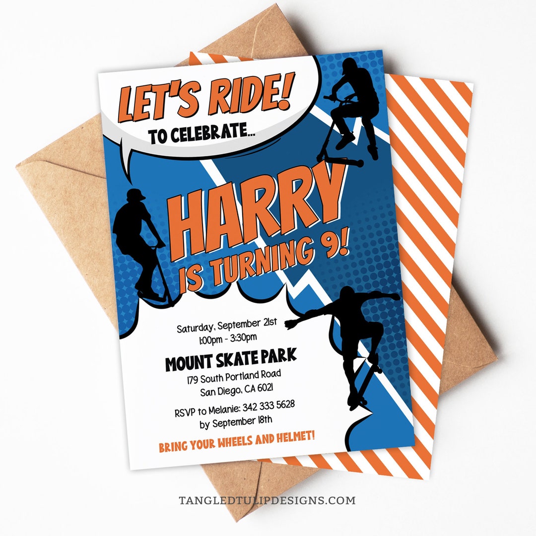 Editable Scooter Skater Birthday Invitation, Let's Ride Party Invite ...