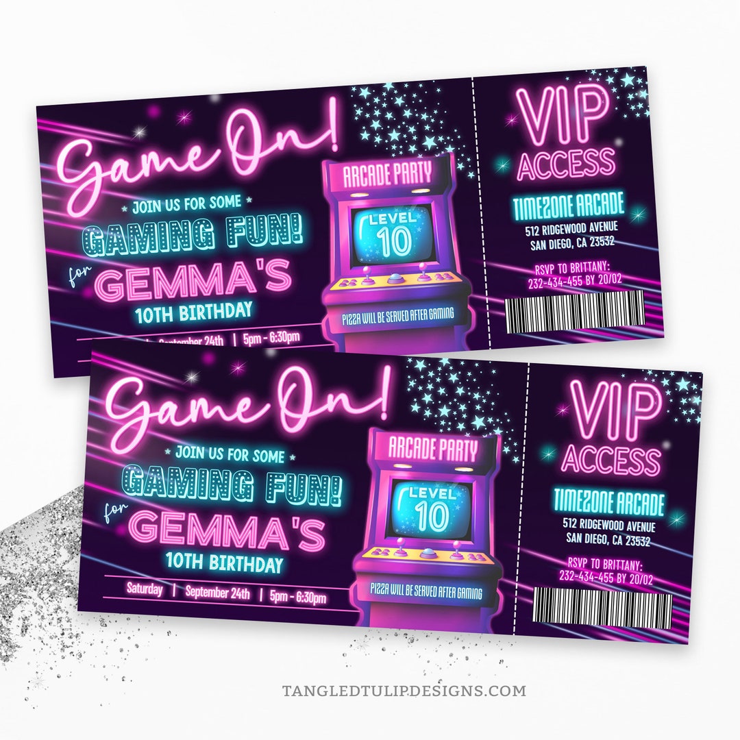 Arcade Birthday Invitation Ticket, Game One Arcade Games EDITABLE Party ...