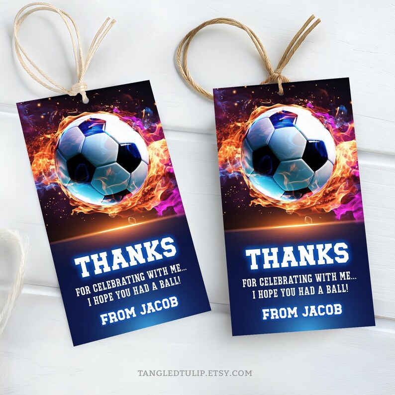 Soccer Birthday Thank You Favor Tags | Neon Glow Soccer Party Favor Tag ...