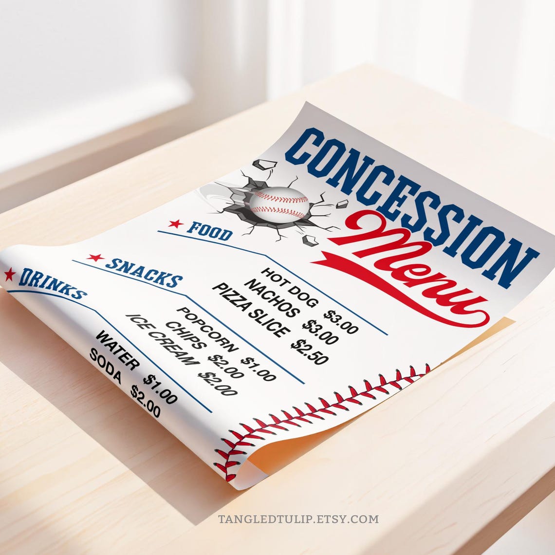 Baseball Concession Menu Poster Baseball Refreshment Stand Price List