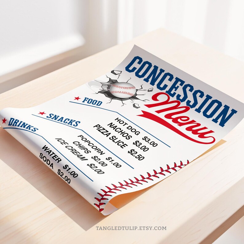Baseball Concession Menu Poster | Baseball Refreshment Stand Price List ...