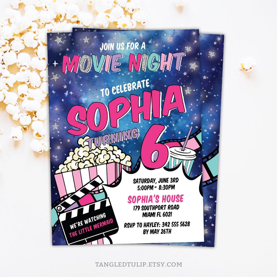 Movie Night Birthday Invitation Girl Editable Movies Party Invite ...