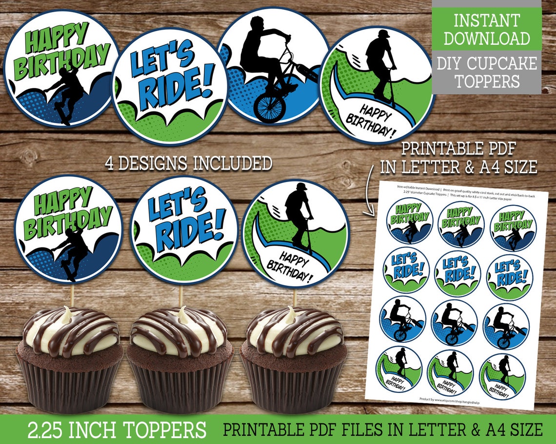 Bike Skateboard Cupcake Toppers | Printable Birthday Cupcake Toppers ...