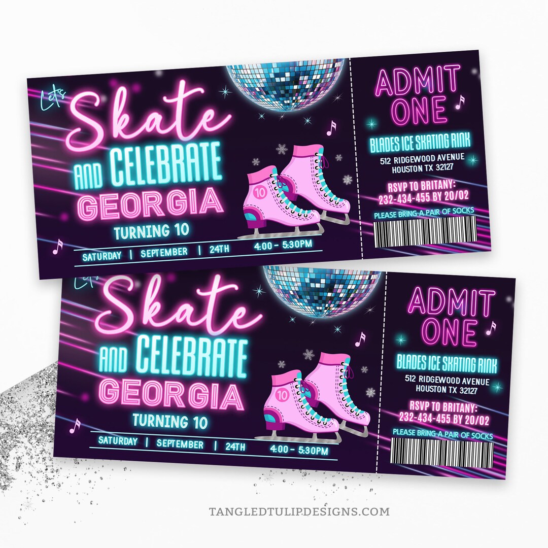 Editable Ice Skating Birthday Invitation Ticket, Ice Skate Party Ticket ...