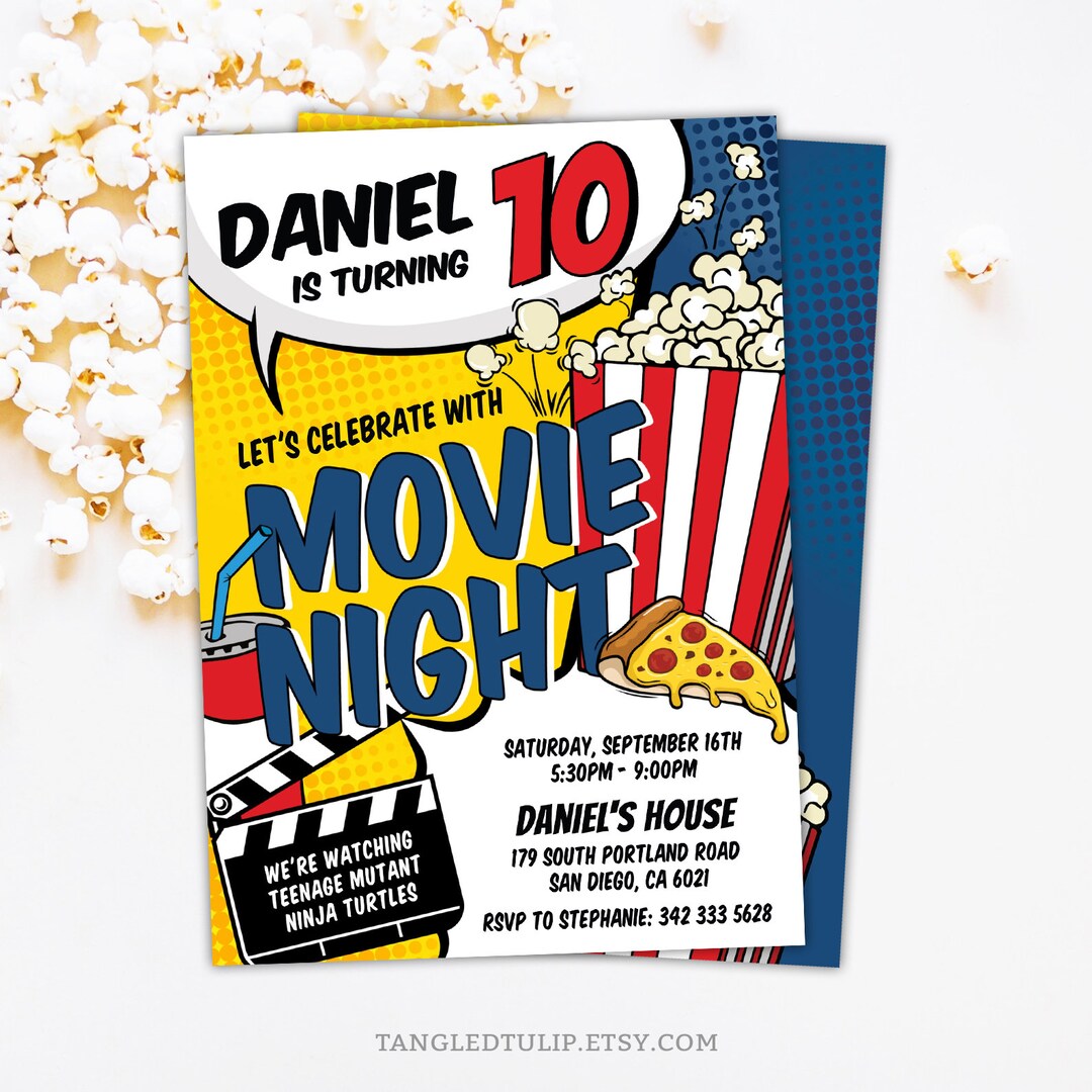 Movie Night Birthday Invitation, Pizza and Movies Party Invite ...