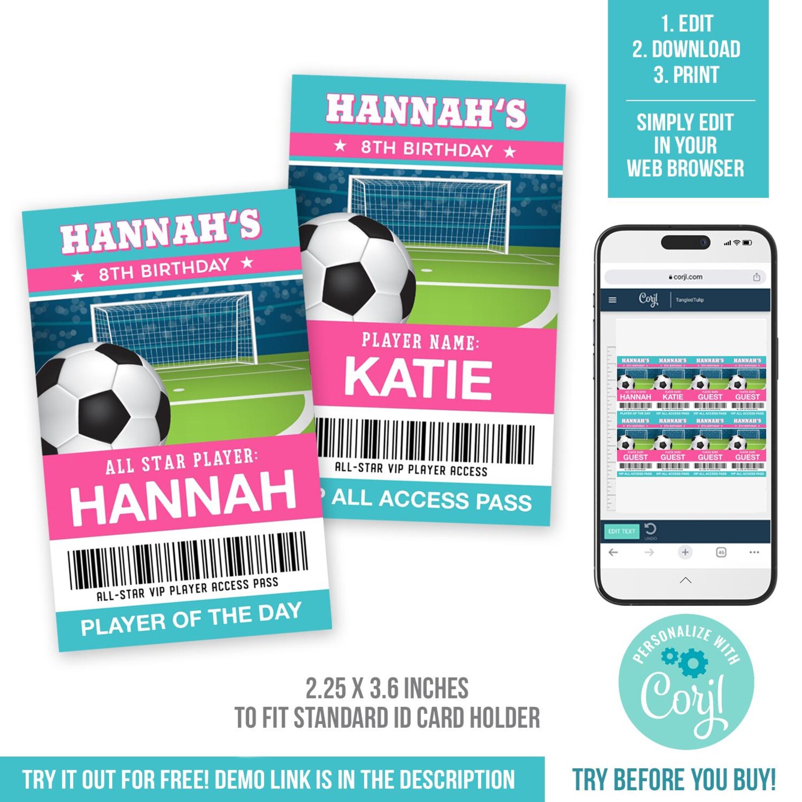 Soccer VIP Badge | Soccer Birthday Player Name Badge | Editable Lanyard ...