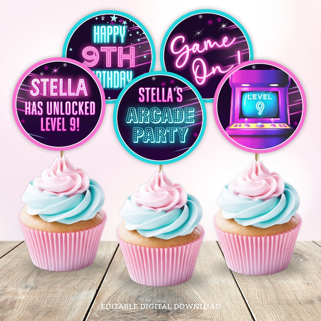 Editable Arcade Birthday Cupcake Toppers for Girls, Arcade Game Party ...